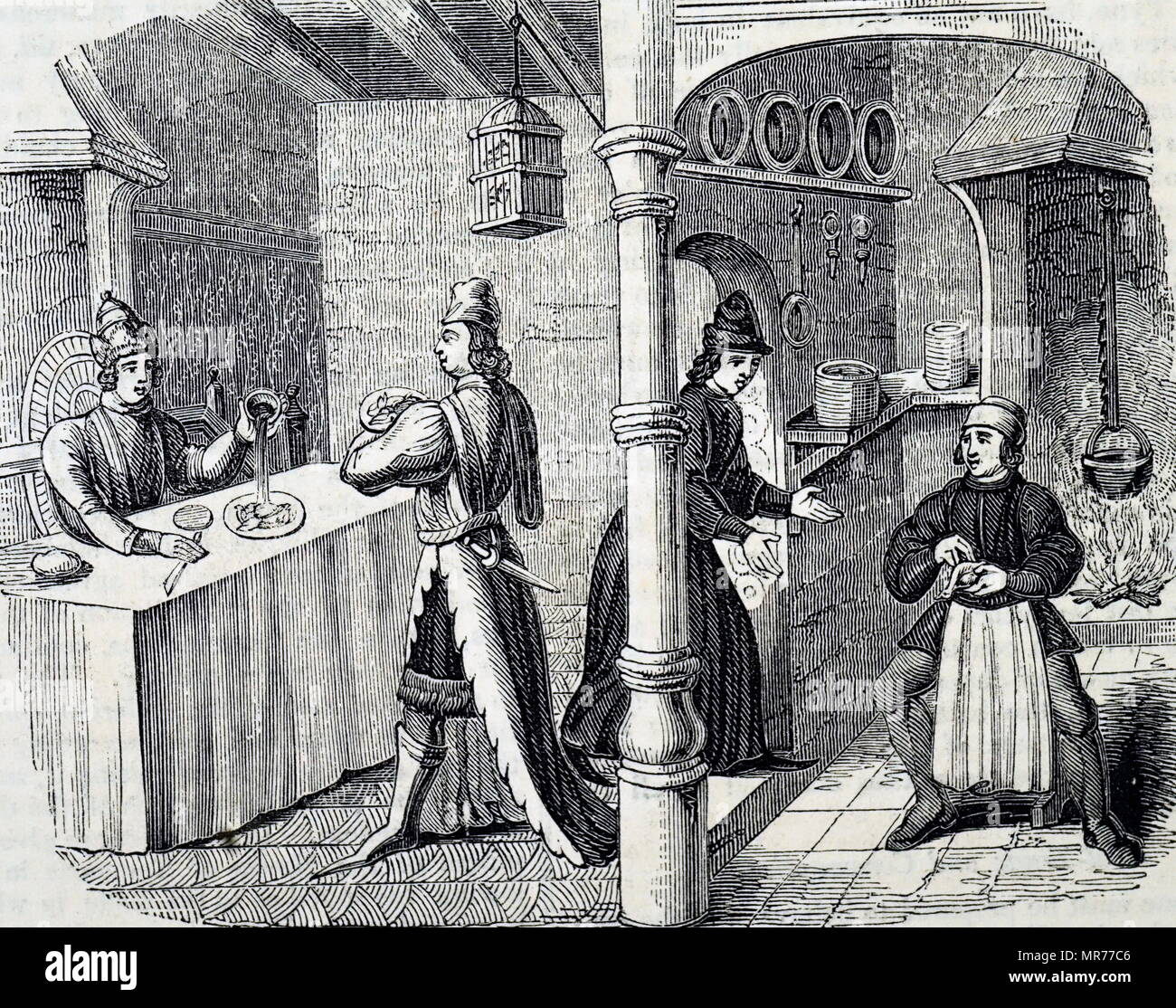 Engraving depicting a Medieval English kitchen and dinning table. Dated ...