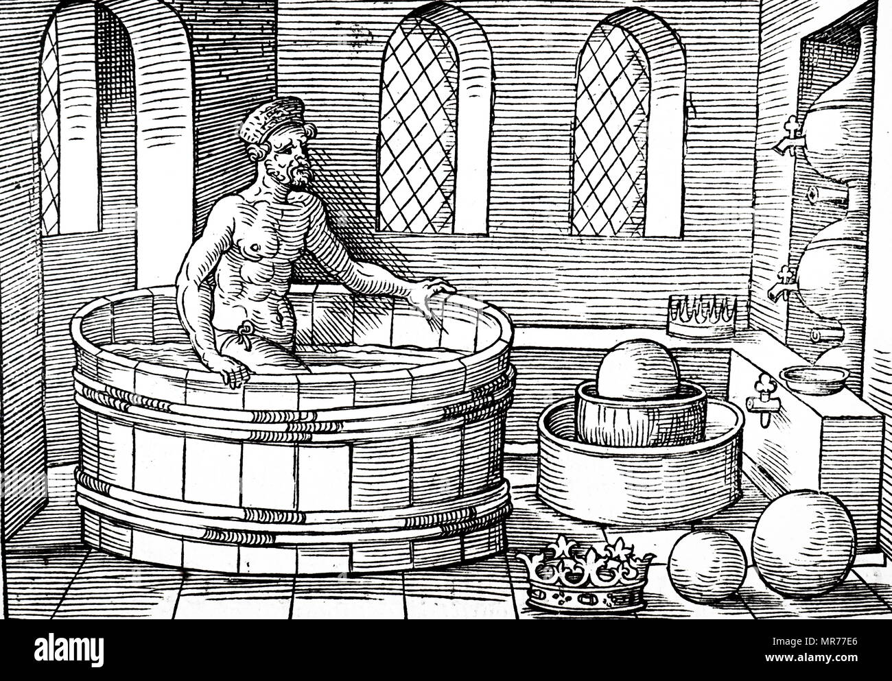 Woodblock engraving depicting Archimedes in his bath. Archimedes a ...