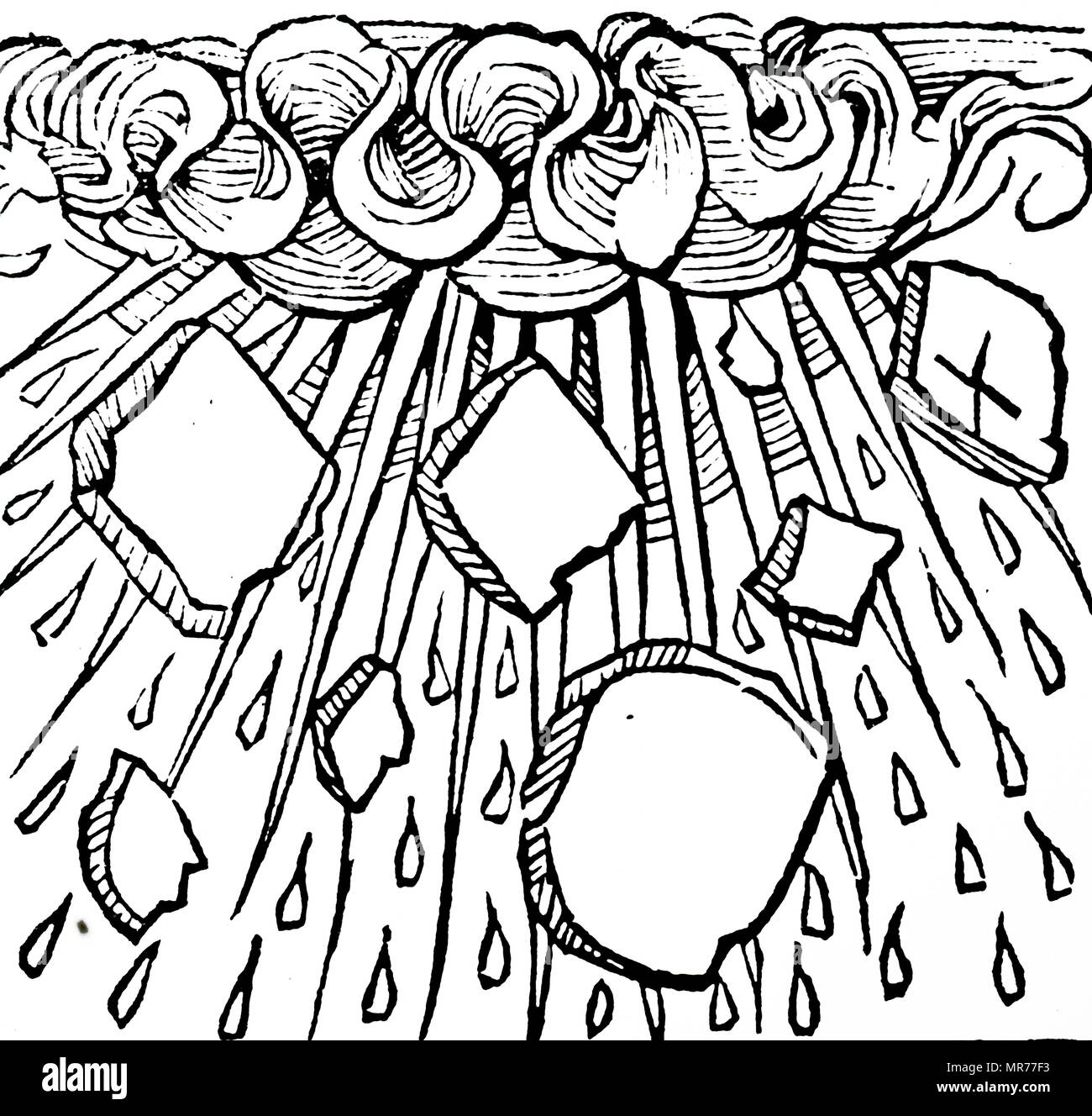 Woodblock engraving depicting a disintegrating meteor, seen in 570 AD ...
