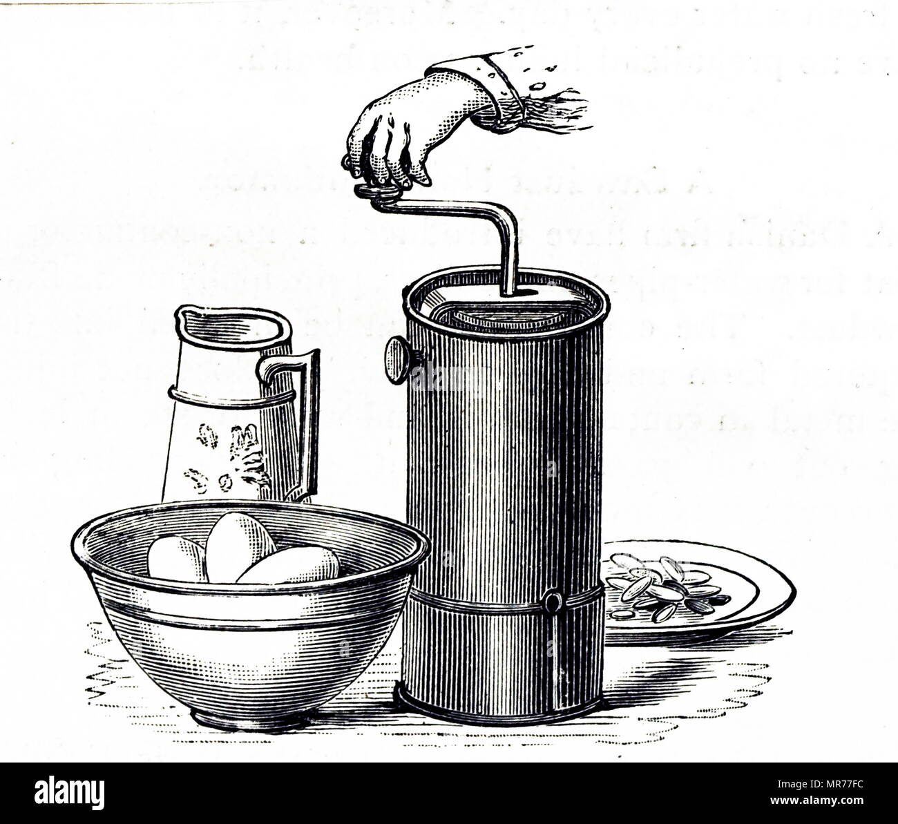 Engraving depicting an almond mill. Inside the outer tin cylinder were ...