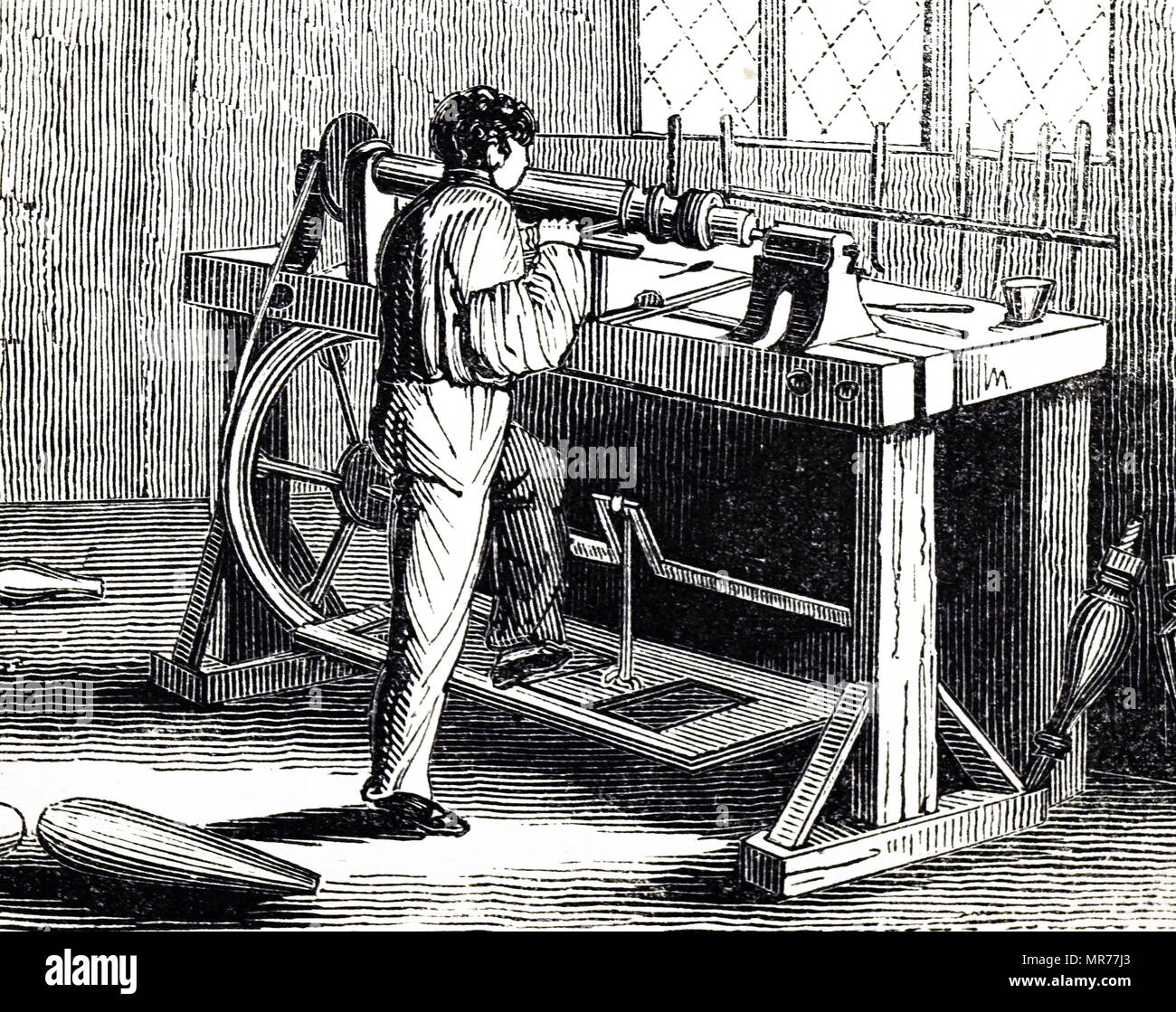 Engraving depicting a turning chair and table legs on a lathe worked by ...