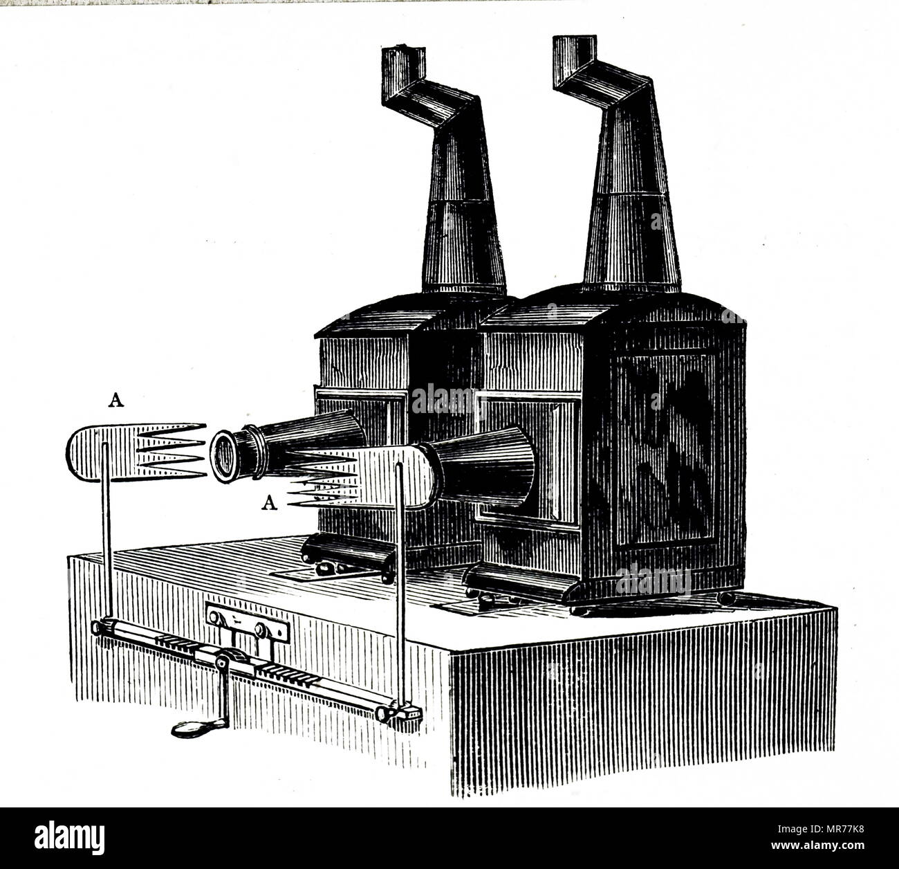Engraving depicting a twin magic lantern for providing views by ...