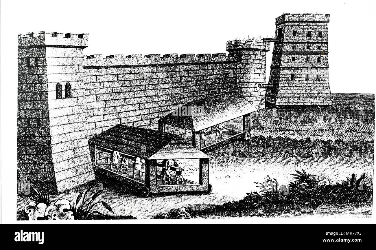Engraving depicting a fortress being attacked by a siege tower ...