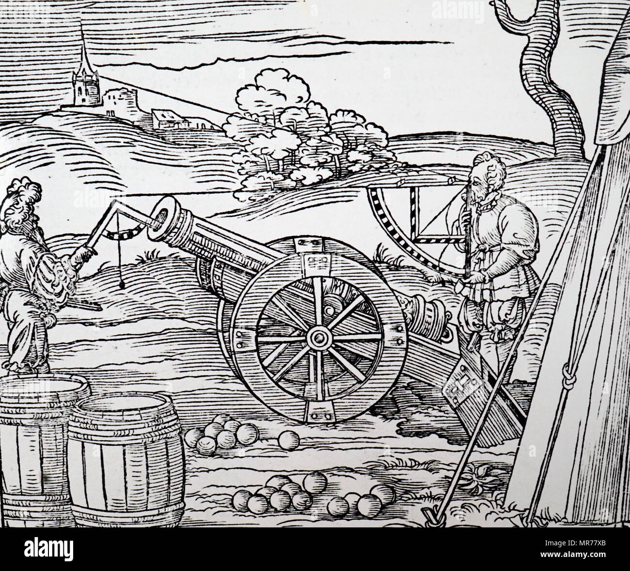 Woodcut engraving depicting gunners calculating the elevation of a ... Woodcut engraving depicting gunners calculating the elevation of a ...