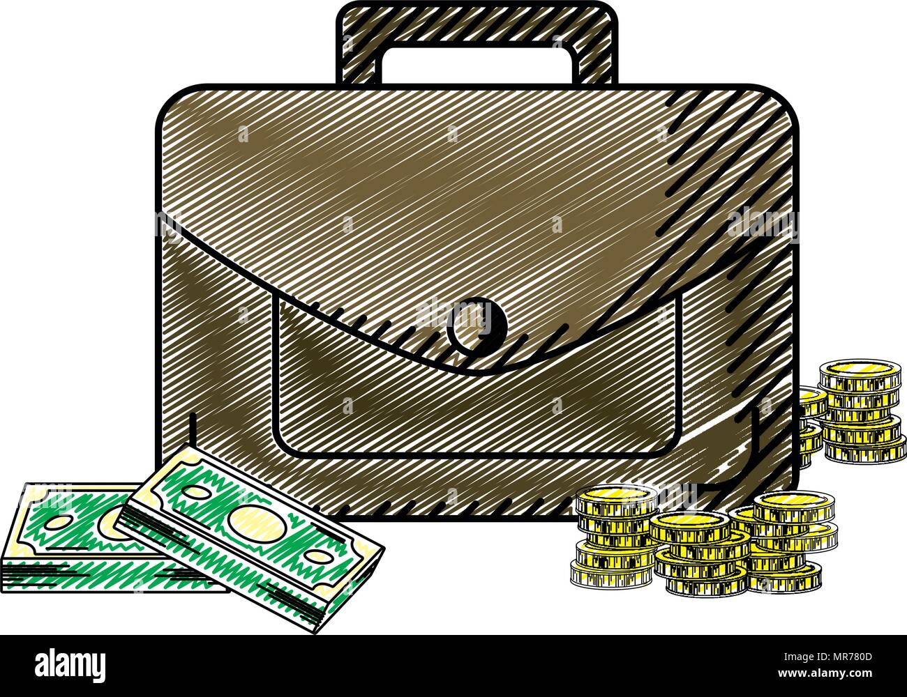 doodle briefcase object with bills and coins cash money Stock Vector ...