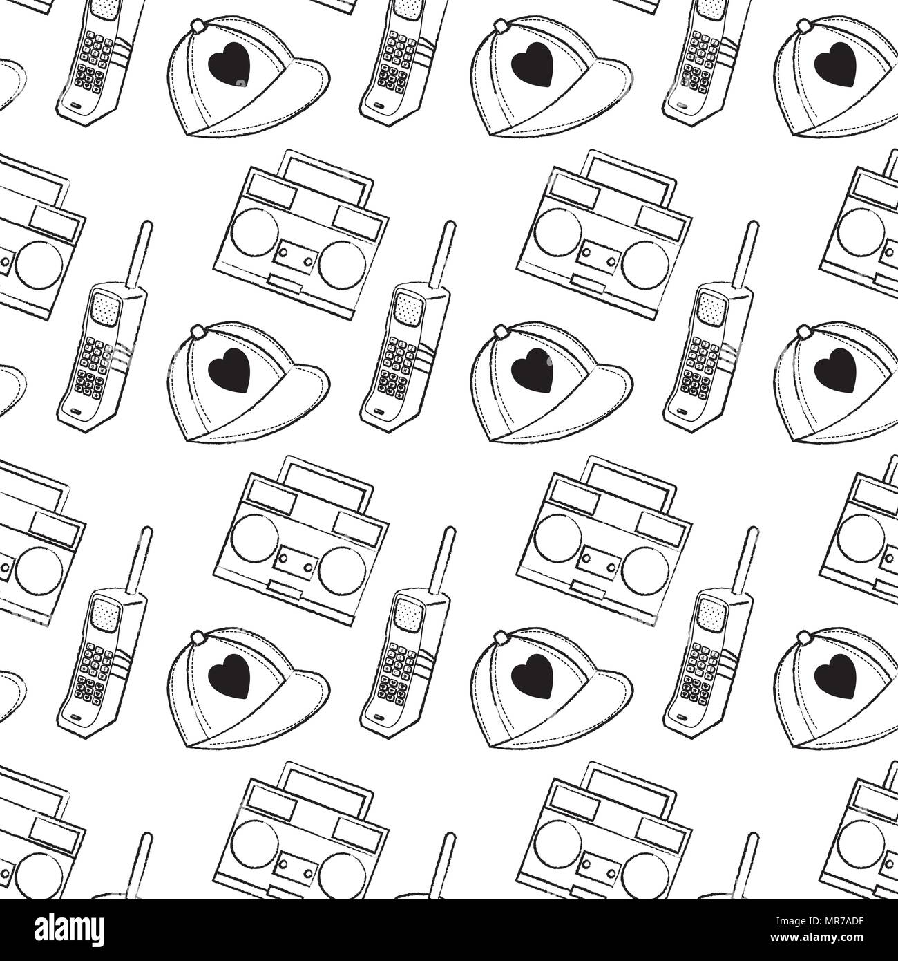 grunge fashion telephone with radion and cap background Stock Vector ...