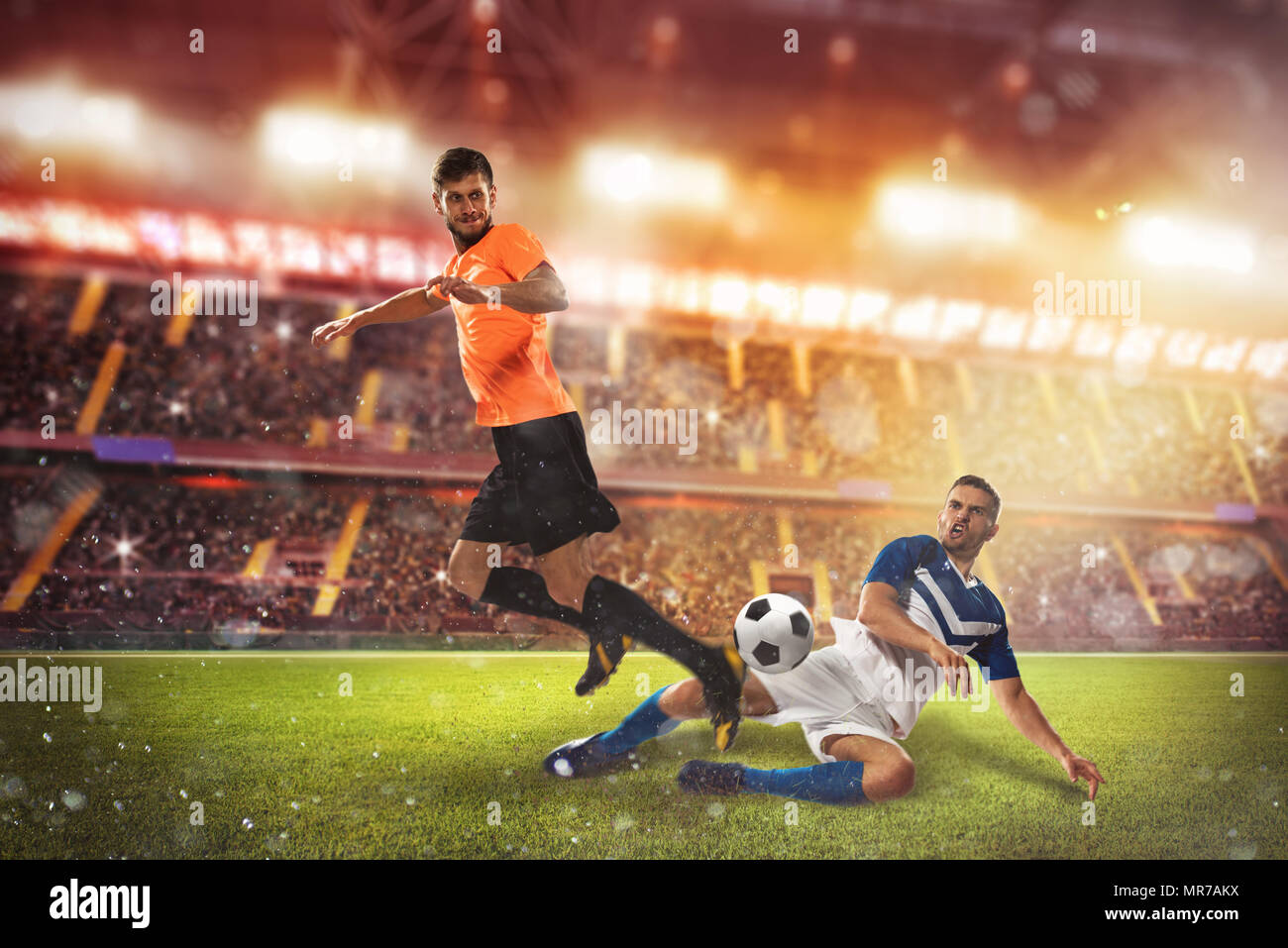 Soccer conflict scene between players at the stadium Stock Photo - Alamy