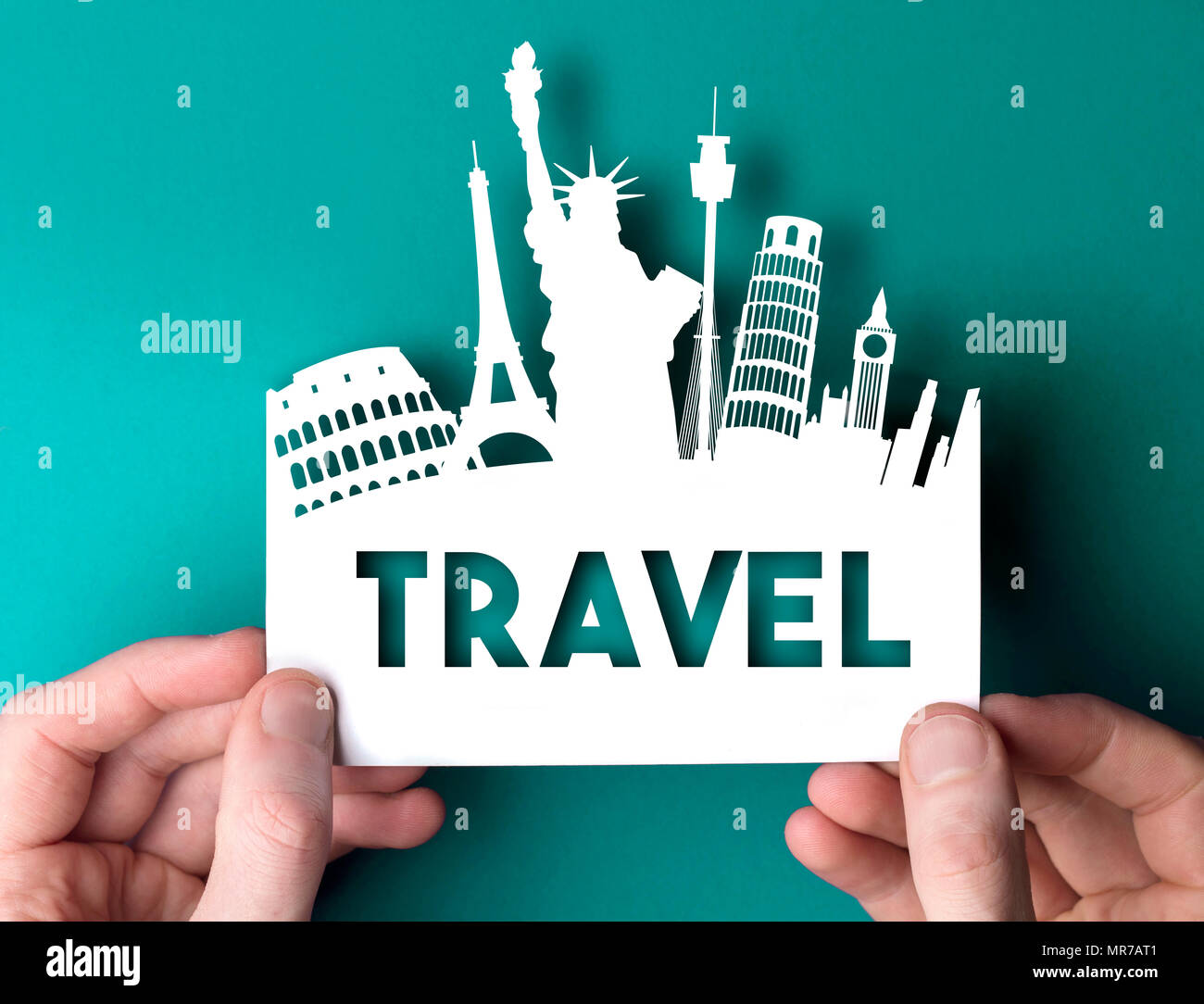 Travel paper cut out shape with famous city travel destination ...