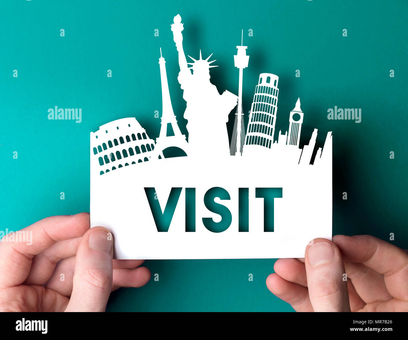 Visit paper cut out shape with famous city travel destination landmarks ...