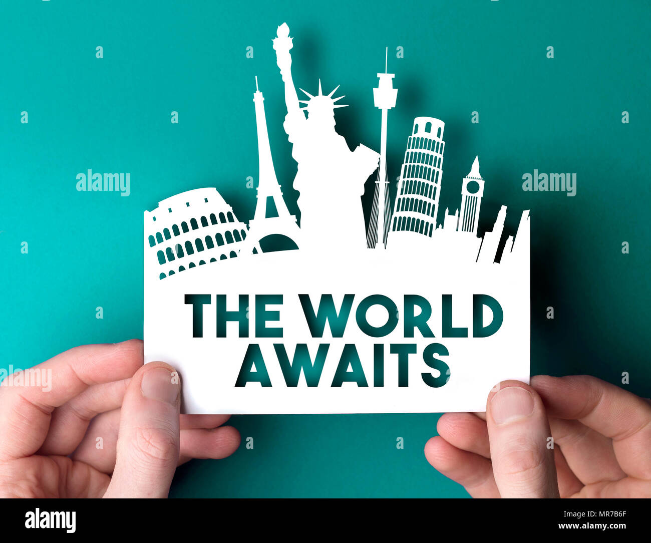 The world awaits paper cut out shape with famous city travel ...