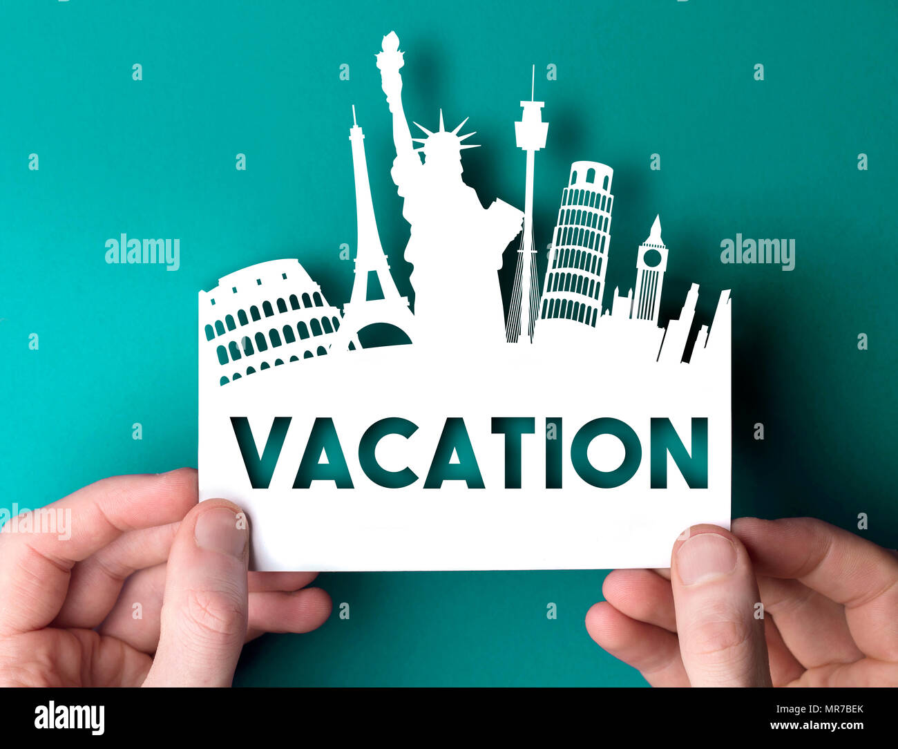 Vacation paper cut out shape with famous city travel destination ...