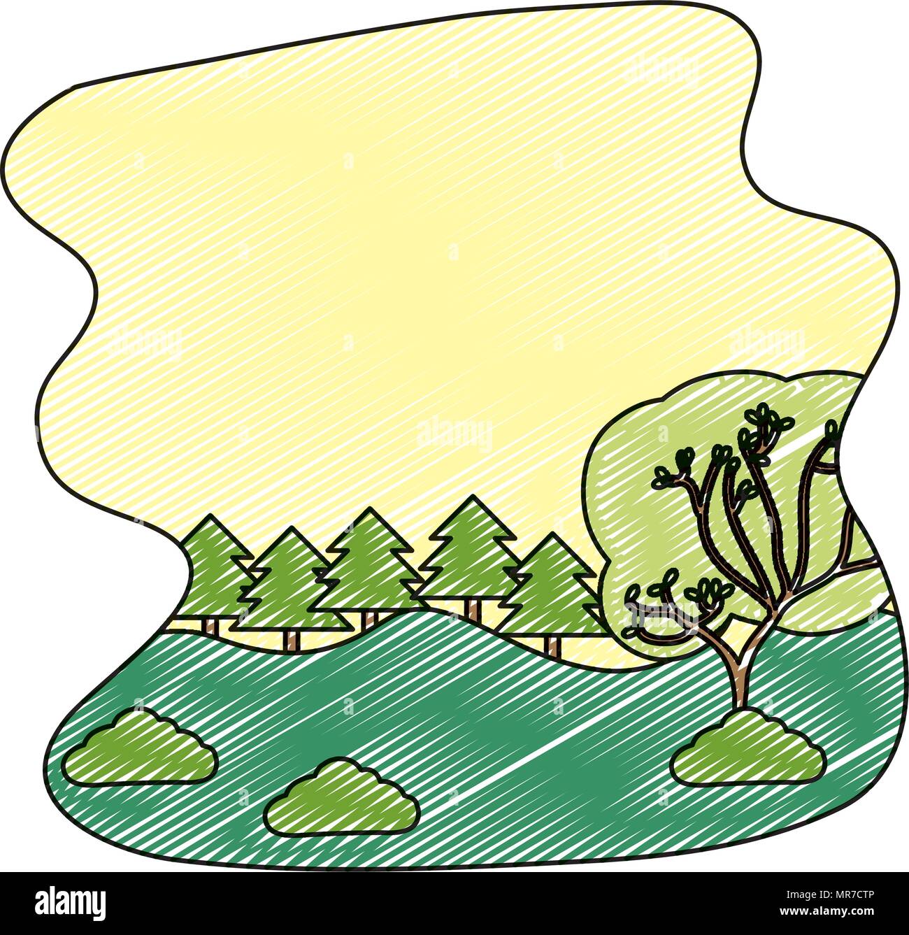 doodle nature landscape with pine trees and mountains Stock Vector ...