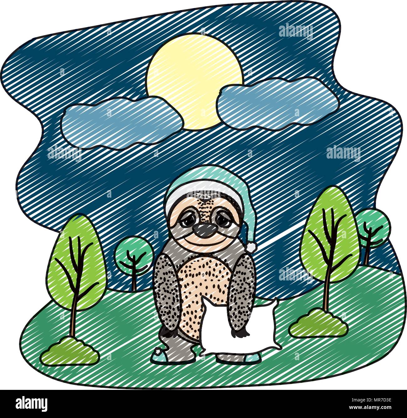 doodle sloth animal with hat and pillow in the landscape Stock Vector ...