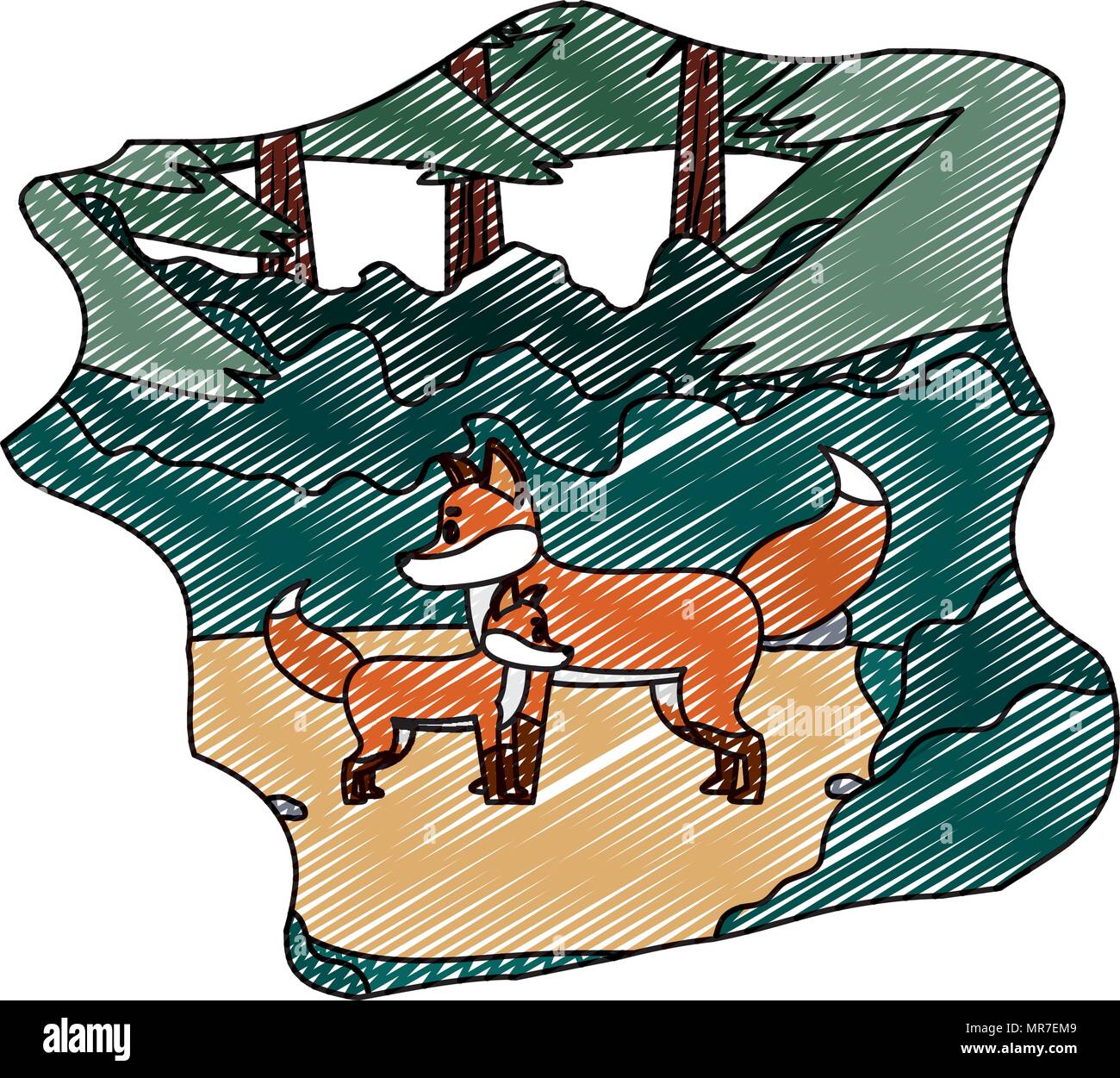 doodle cute fox animal with his son in the landscape Stock Vector Image ...