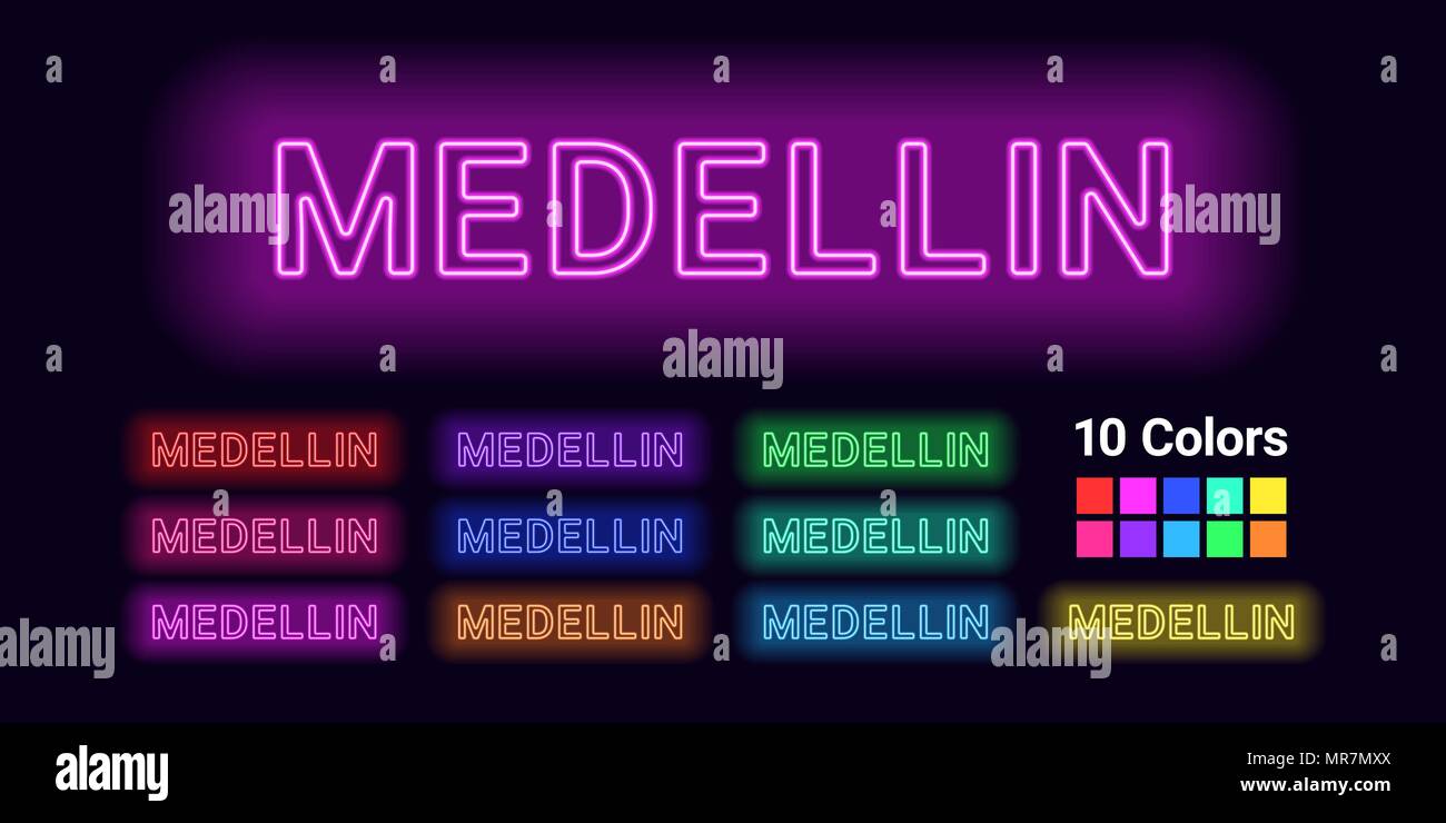 Neon name of Medellin city. Vector illustration of Medellin inscription ...