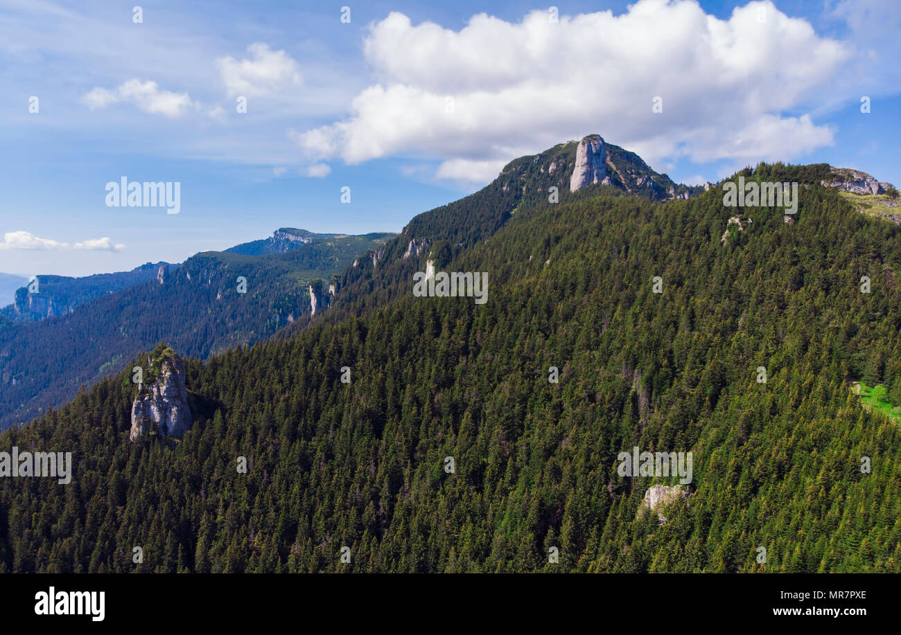 aerial view of Ceahlau mountain with rocky stone and forest landscape ...