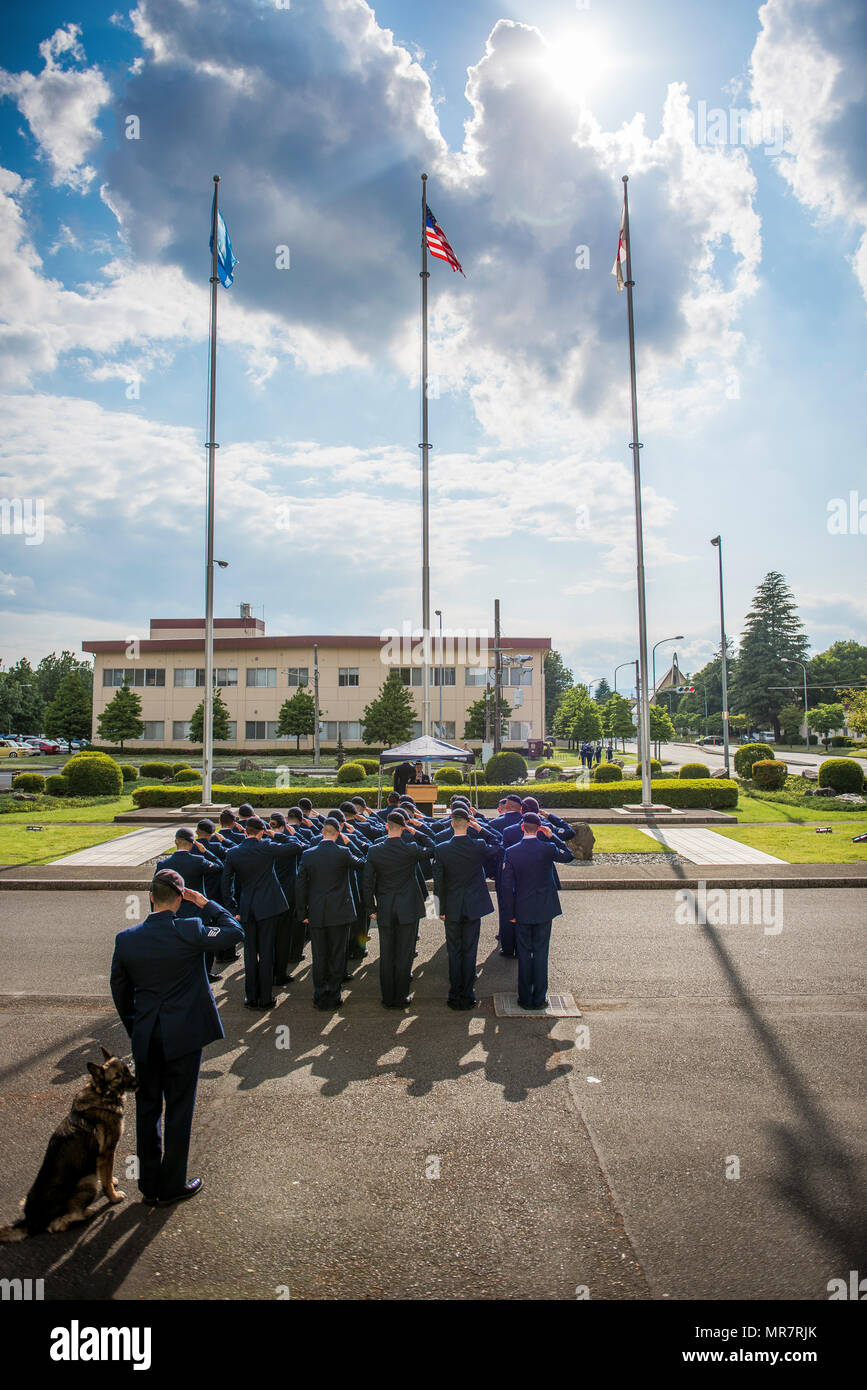 374th Security Forces Squadron members stand in formation and salute ...