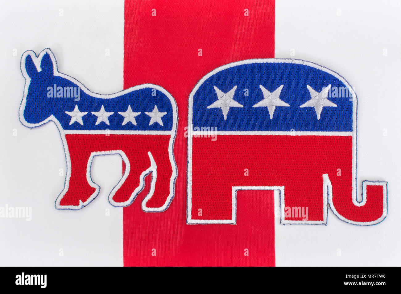US Democrat Donkey logo & Republican elephant logo on Stars and Stripes ...