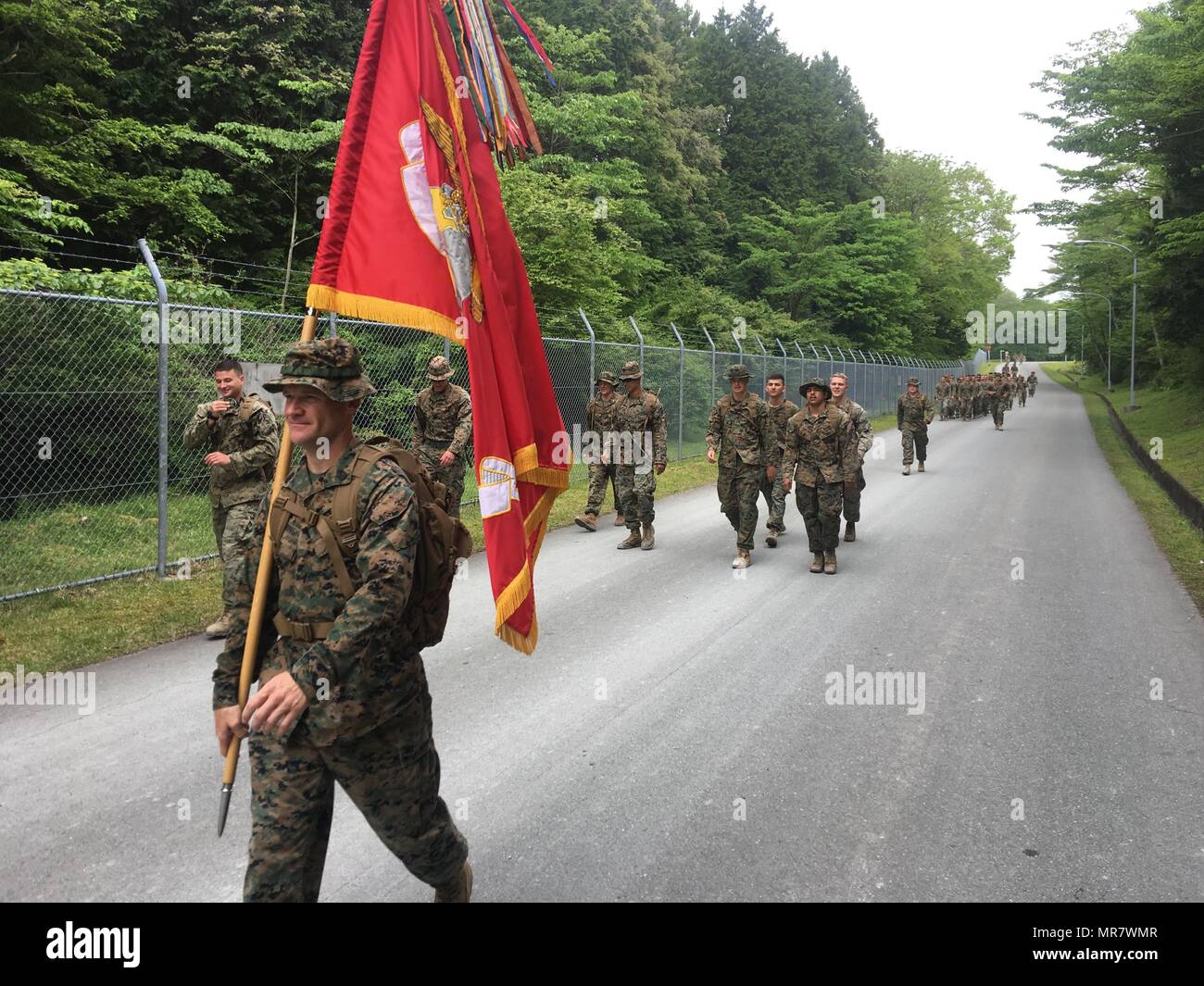 Sgt. Maj. Bradly Simmons carries the battalion guidon during a 50-mile ...