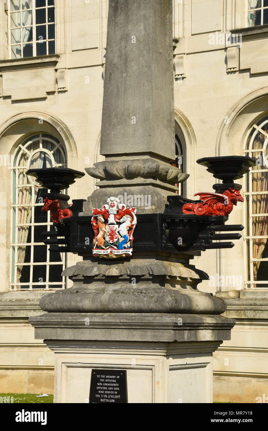 Close up of a crest on a pillar at Cardiff City Hall, which is part of ...