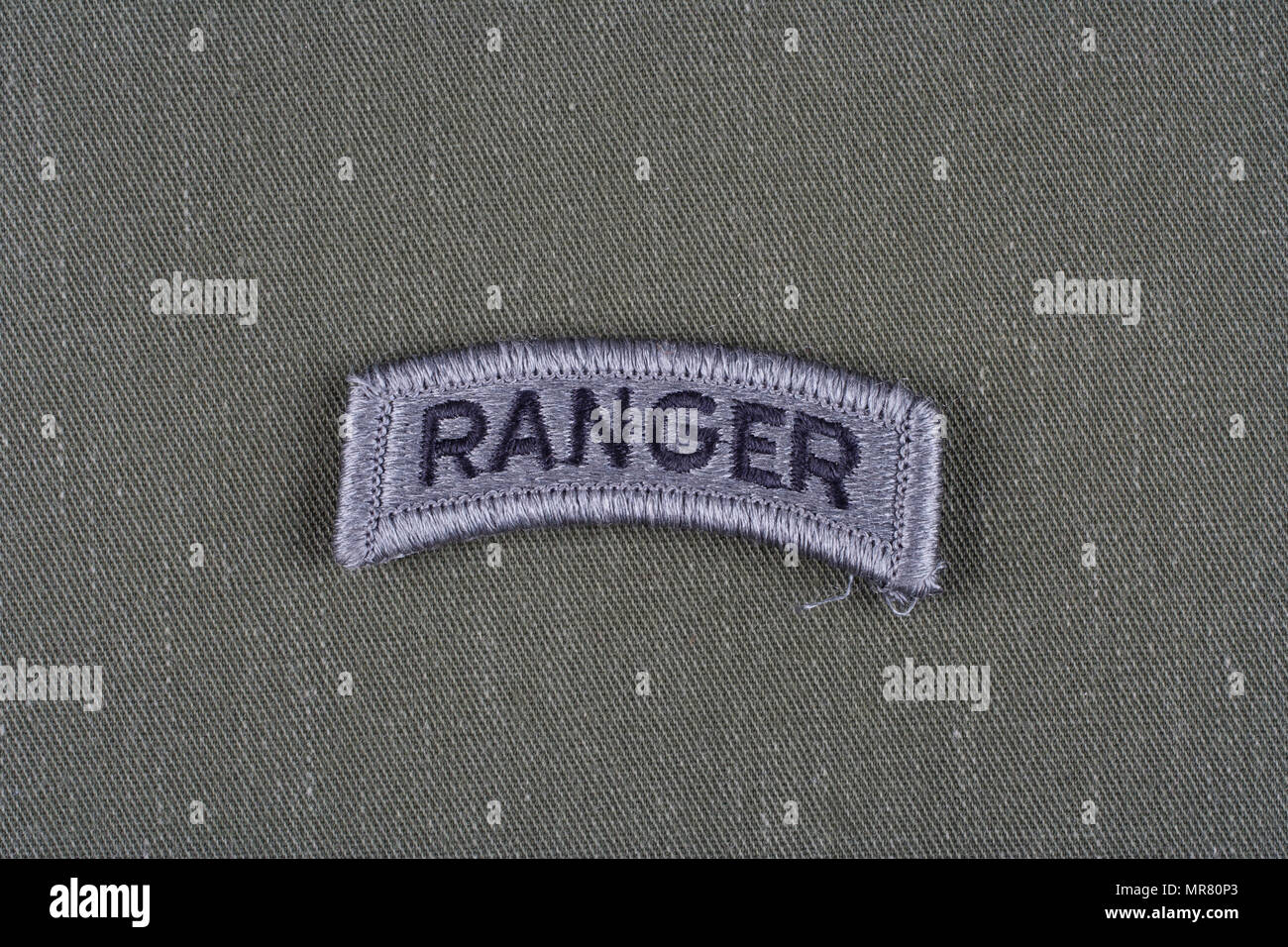 KIEV, UKRAINE - August 21, 2015. US ARMY ranger tab on olive green ...