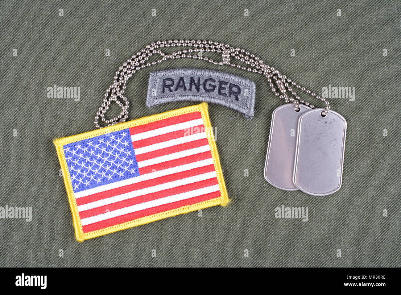 KIEV, UKRAINE - August 21, 2015. US ARMY ranger tab with dog tag and ...