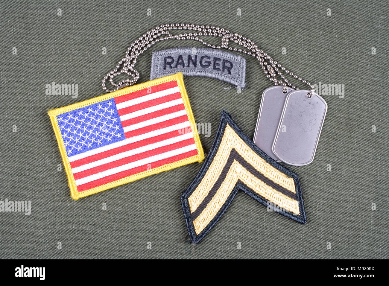 KIEV, UKRAINE - August 21, 2015. US ARMY Corporal rank patch, ranger ...