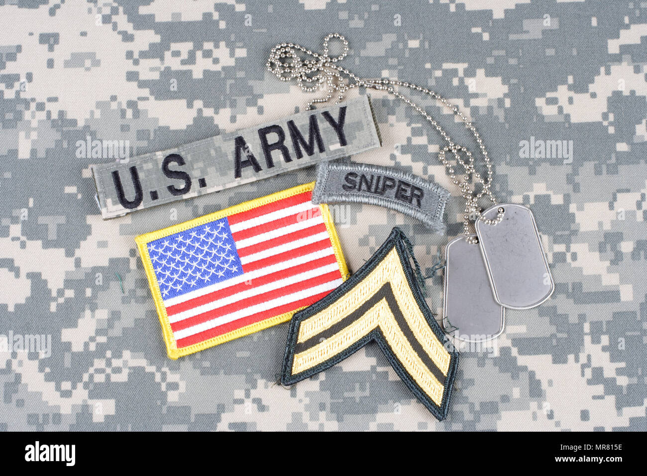 KIEV, UKRAINE - August 21, 2015. US ARMY Corporal rank patch, sniper ...