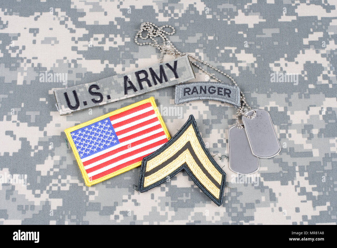 KIEV, UKRAINE - August 21, 2015. US ARMY Corporal rank patch, ranger ...