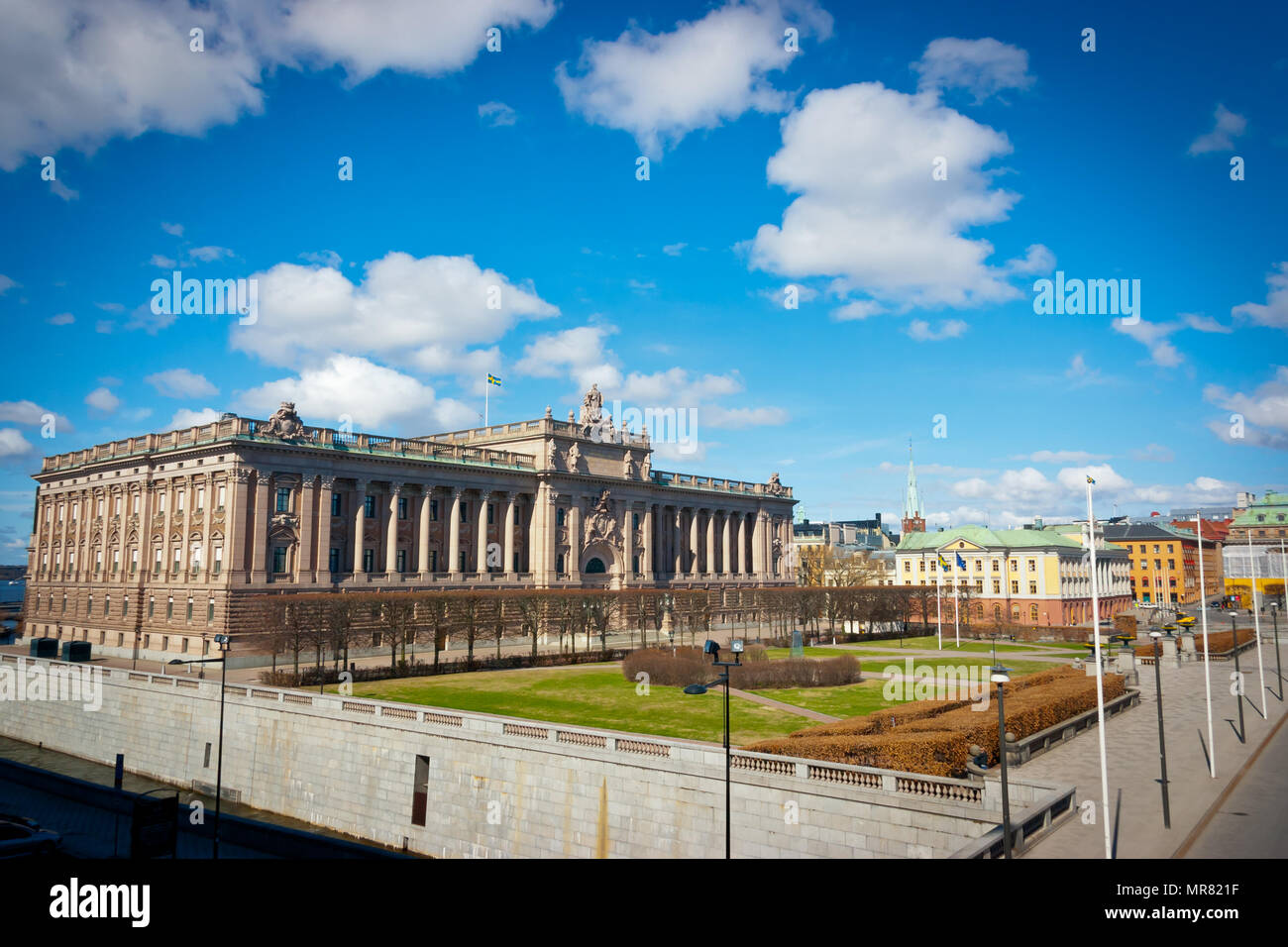 Swedish Parliament House neoclassical facade and Riksplan in Helgeandsholmen, Stockholm, Sweden ...