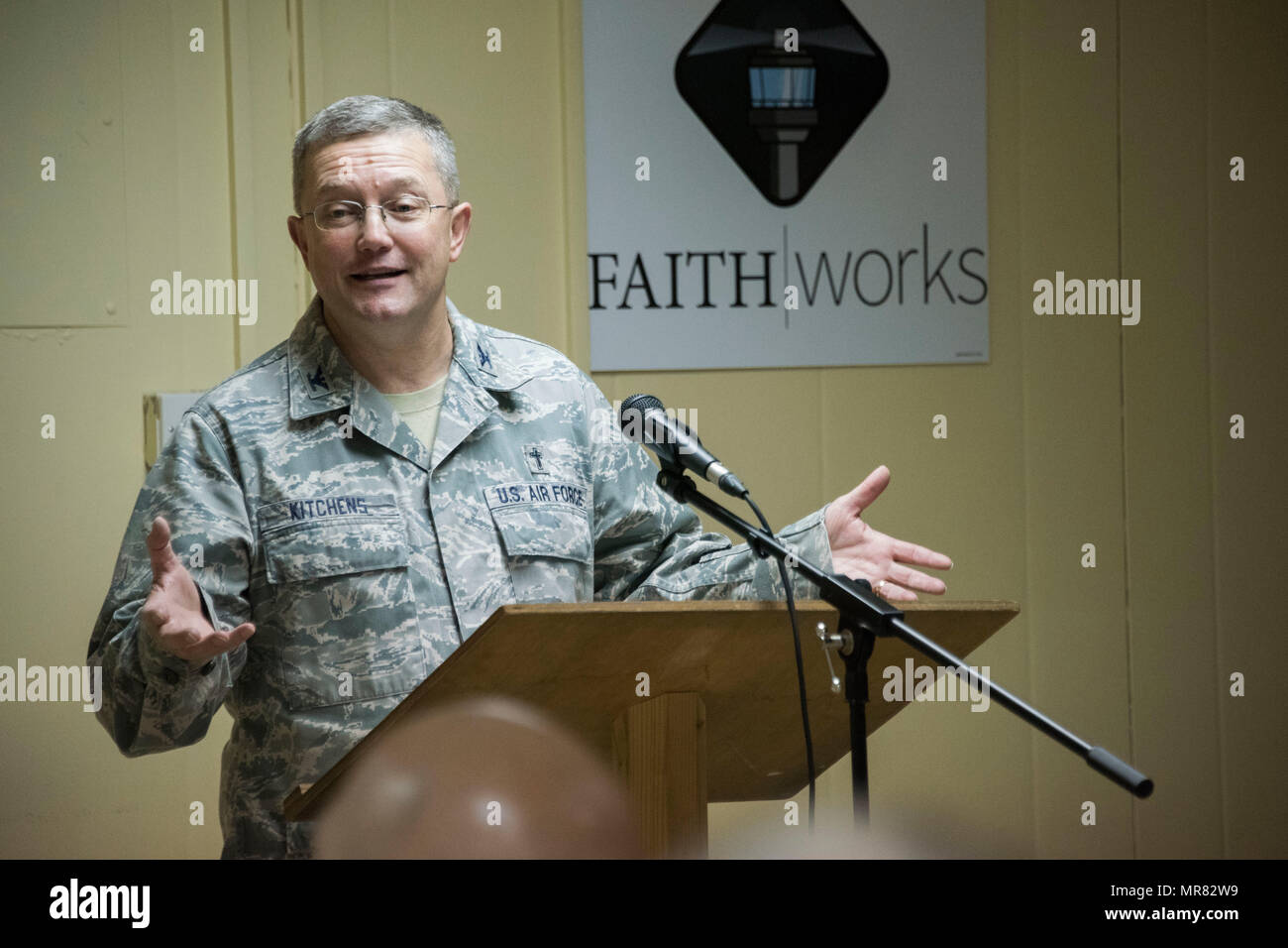 Chaplain Col. Randy Kitchens, AFCENT Command Chaplain, encourage the ...