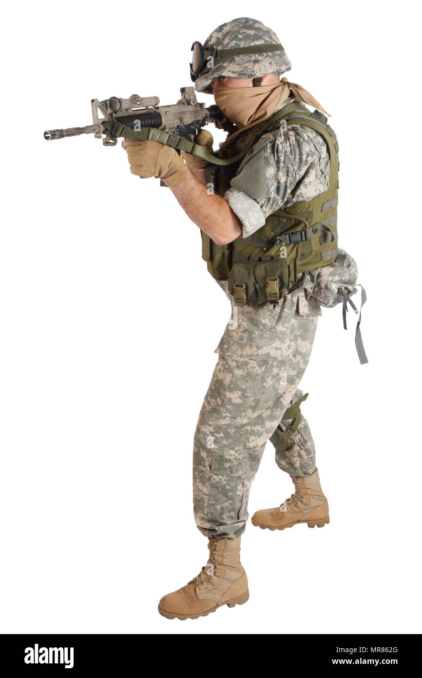 US ARMY soldier with assault rifle on white background Stock Photo - Alamy