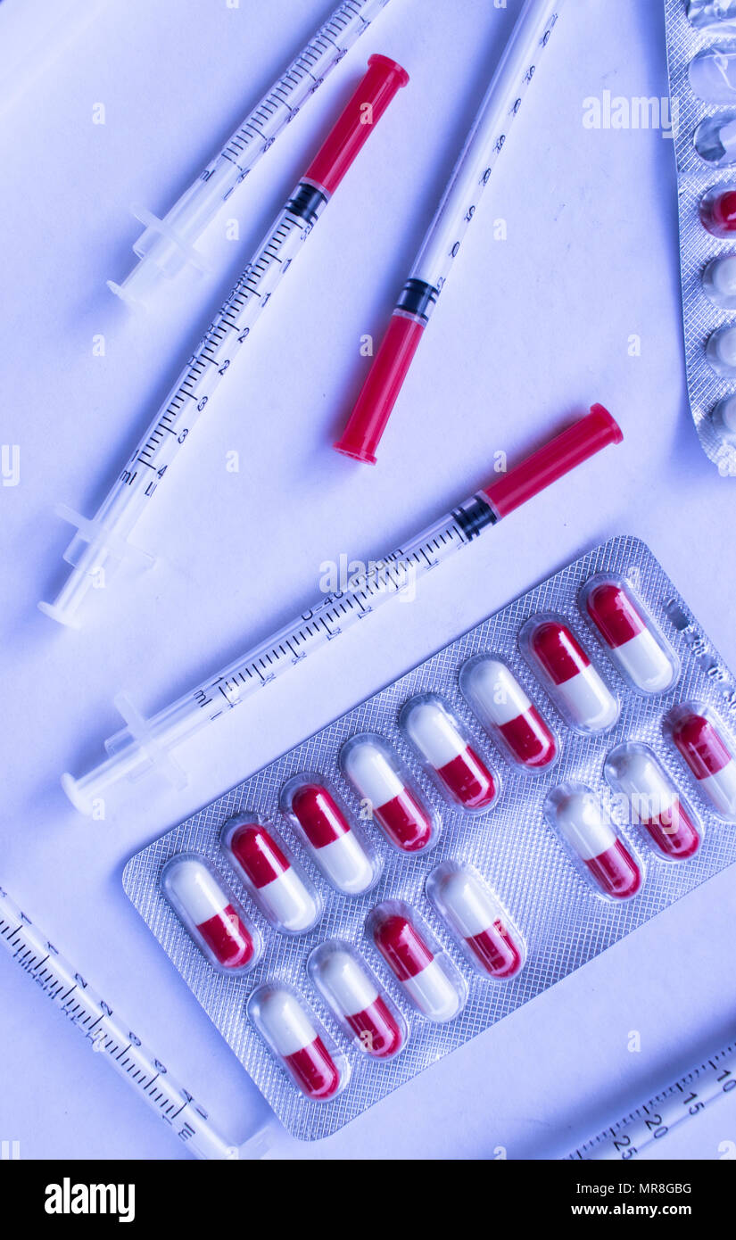 Medical prescription drug pills blister pack of red and white ...