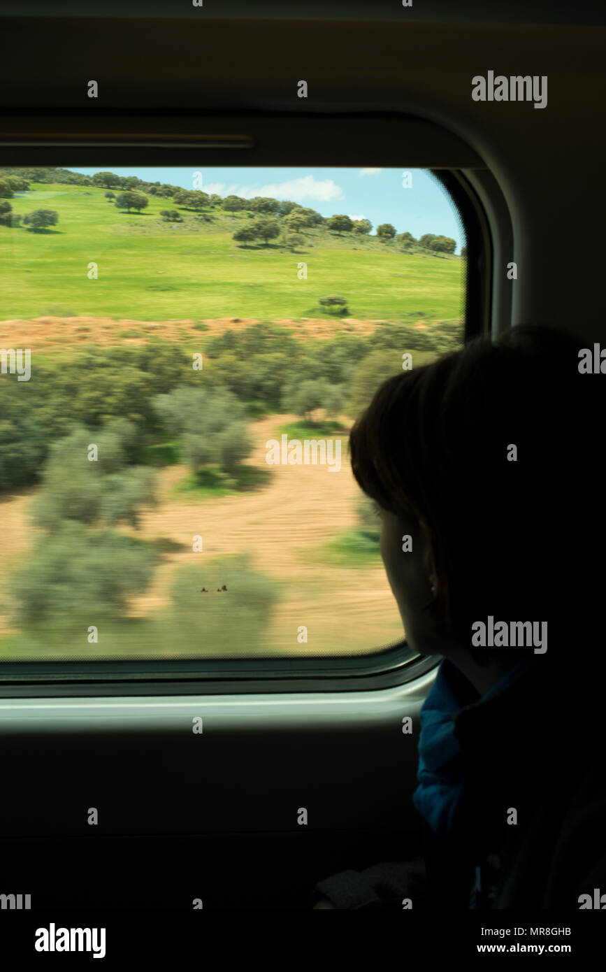 View from high speed train window in motion of countrysideand sky on ...