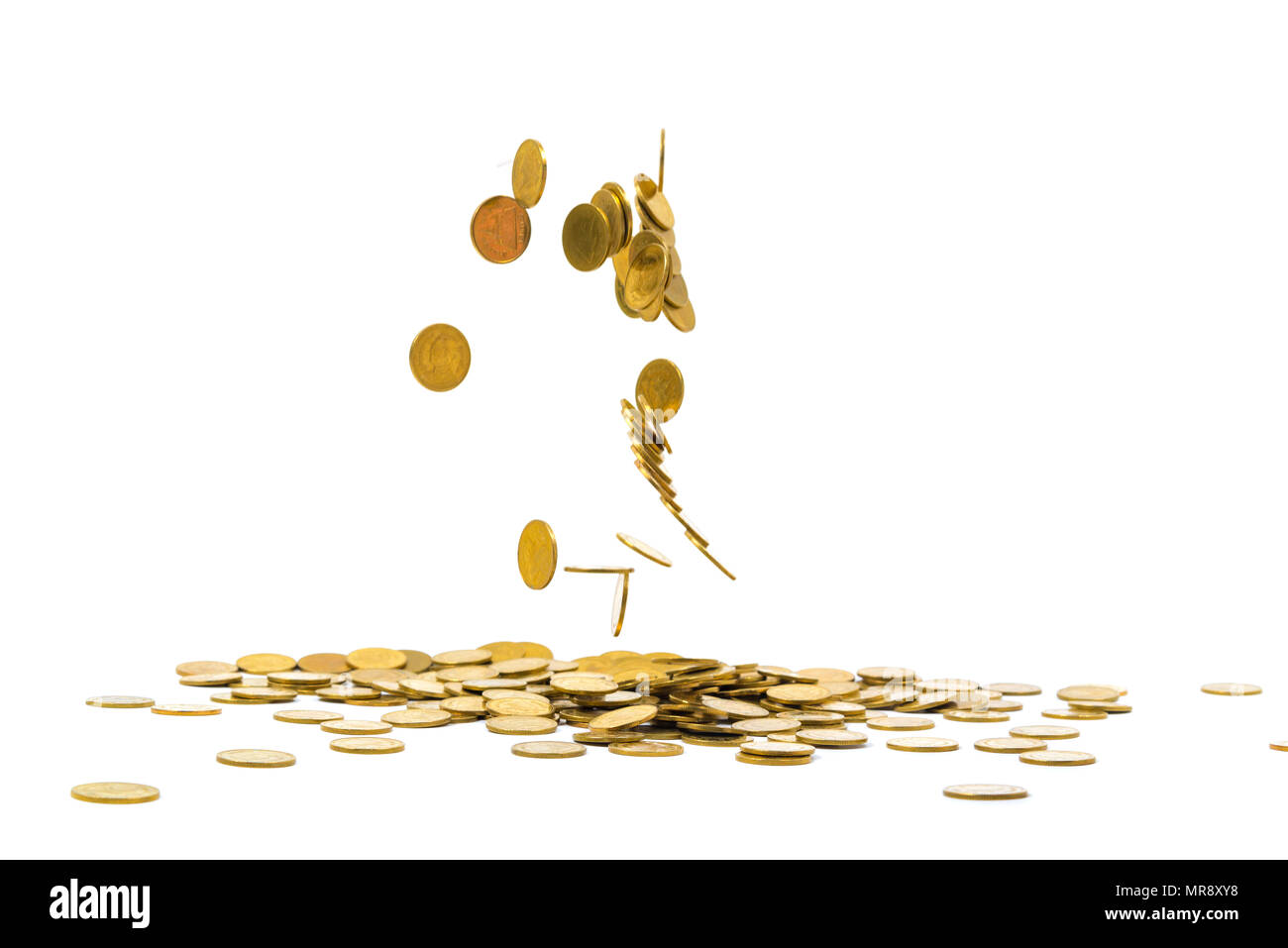 Falling gold coins money isolated on the white background, business ...