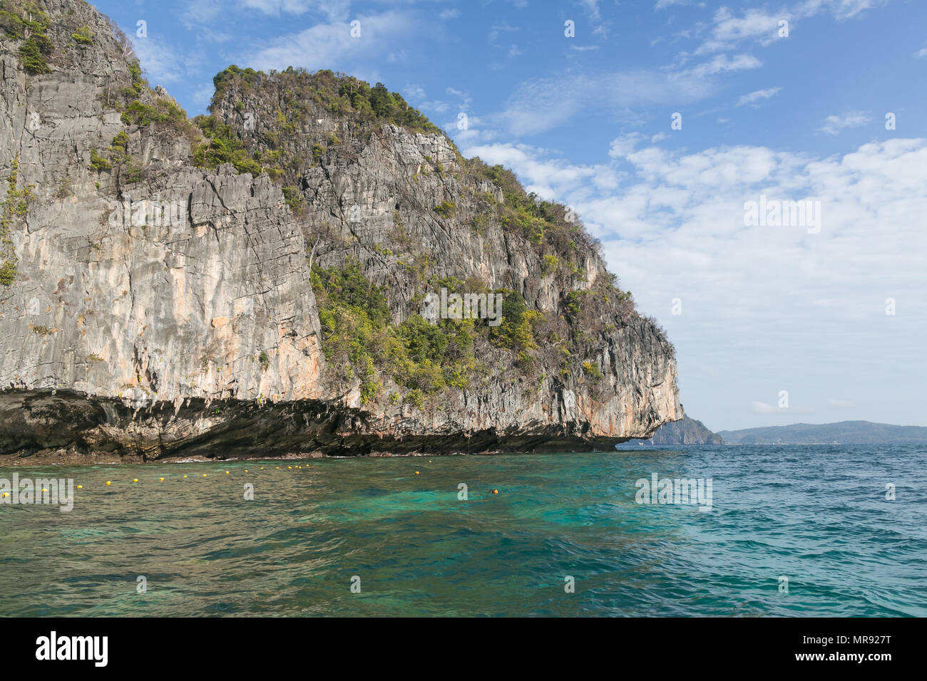 beautiful scenic view of rocky formations covered with plants and ocean ...