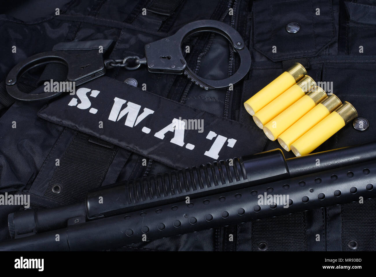 Special weapons and tactics team equipment on black background Stock ...