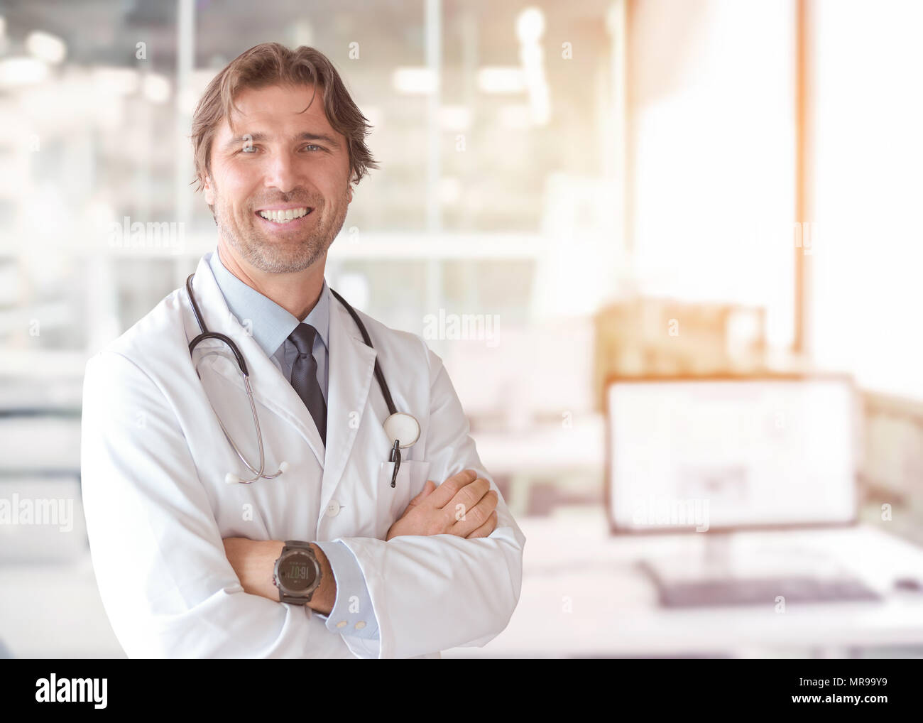 Portrait of smilling senior doctor of medicine in his ordination Stock ...