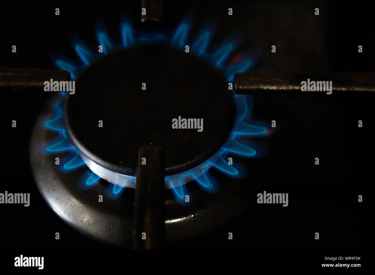 Burning blue gas on the dark stove. Burner gas stove, concept of energy ...
