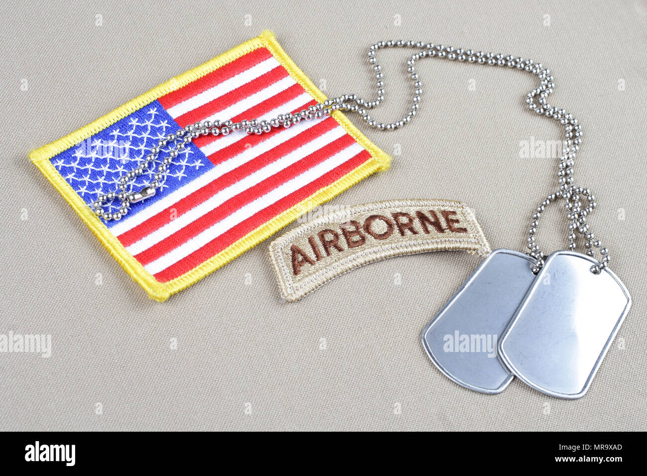 KIEV, UKRAINE - August 21, 2015. US ARMY airborne tab with dog tag ...