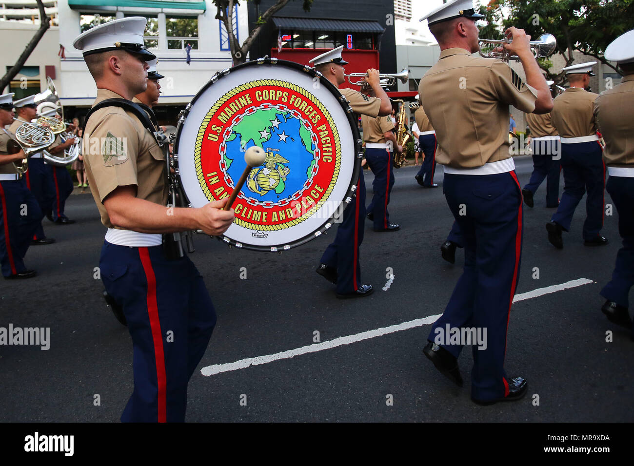 The U.S. Marine Corps Forces, Pacific Band marches along Kalakaua ...