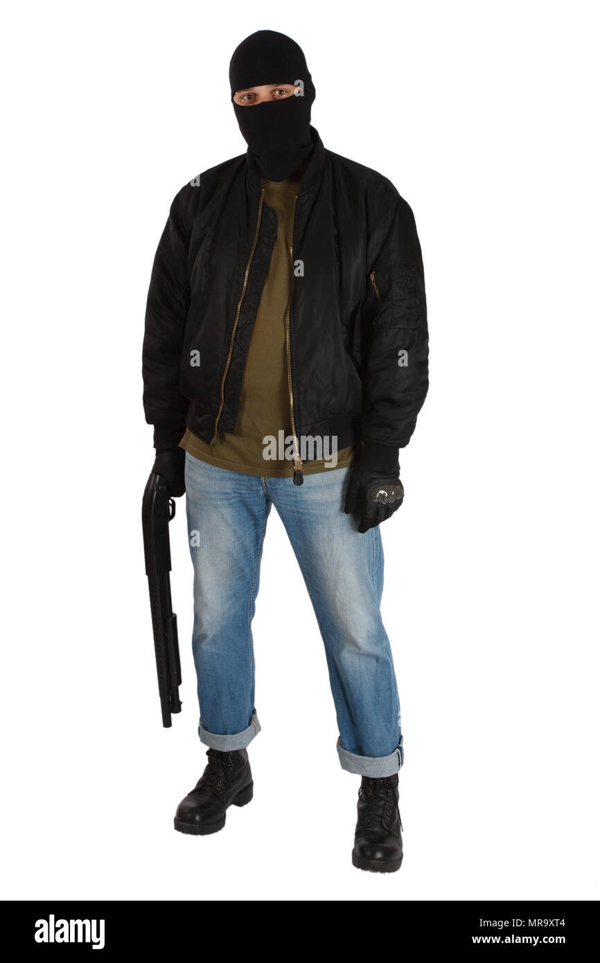 robber in black mask with shotgun isolated Stock Photo - Alamy