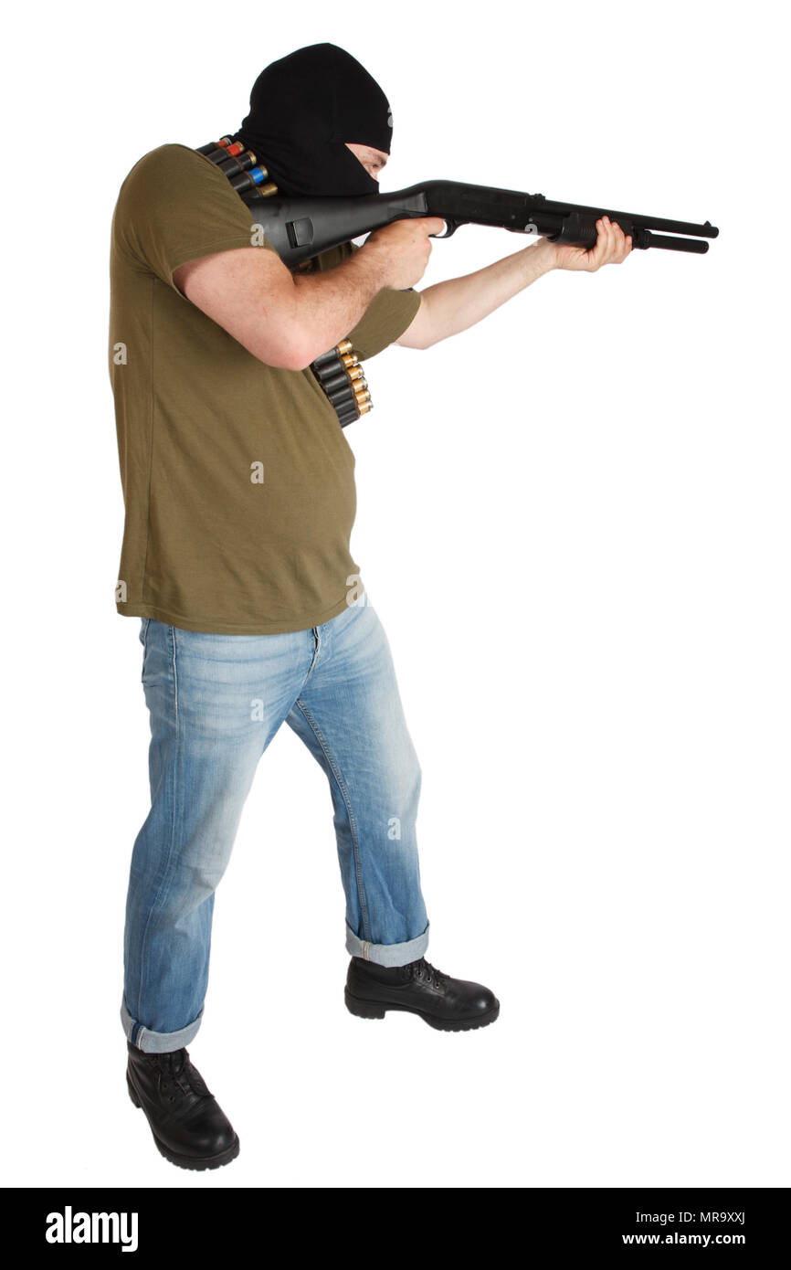 robber in black mask with shotgun isolated Stock Photo - Alamy
