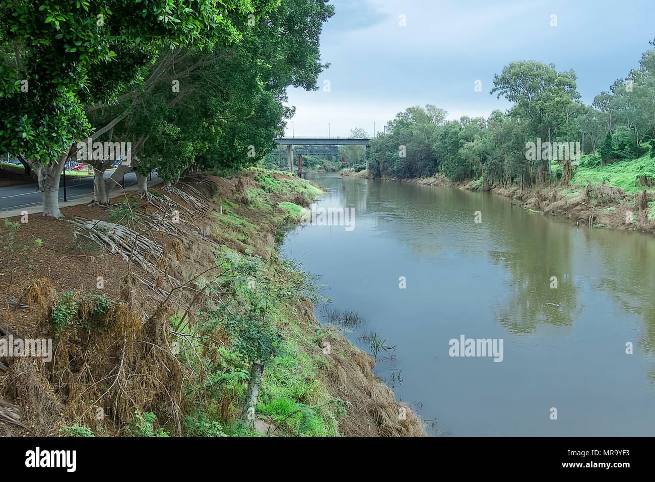 The Bremer river has numerous bridges. This shows a road bridge, a ...