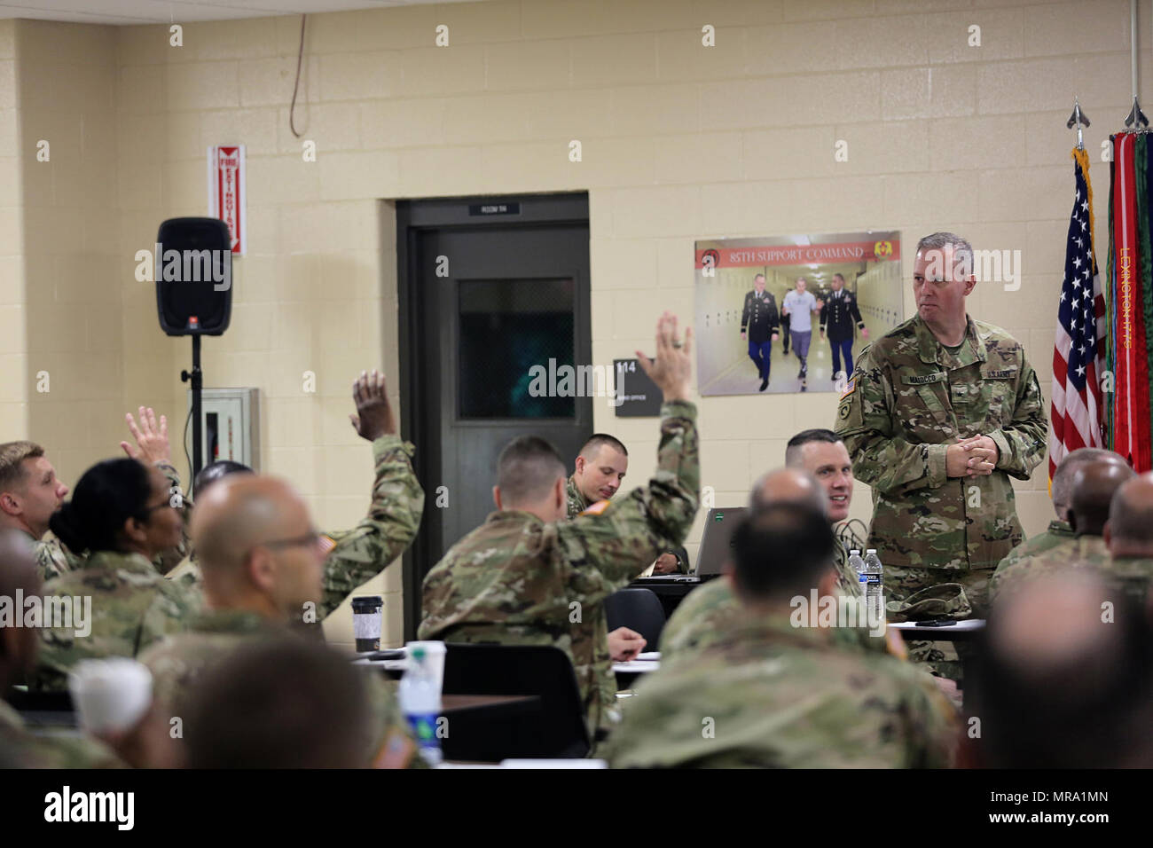 First Army Brigade Support Element staff members respond to a question ...