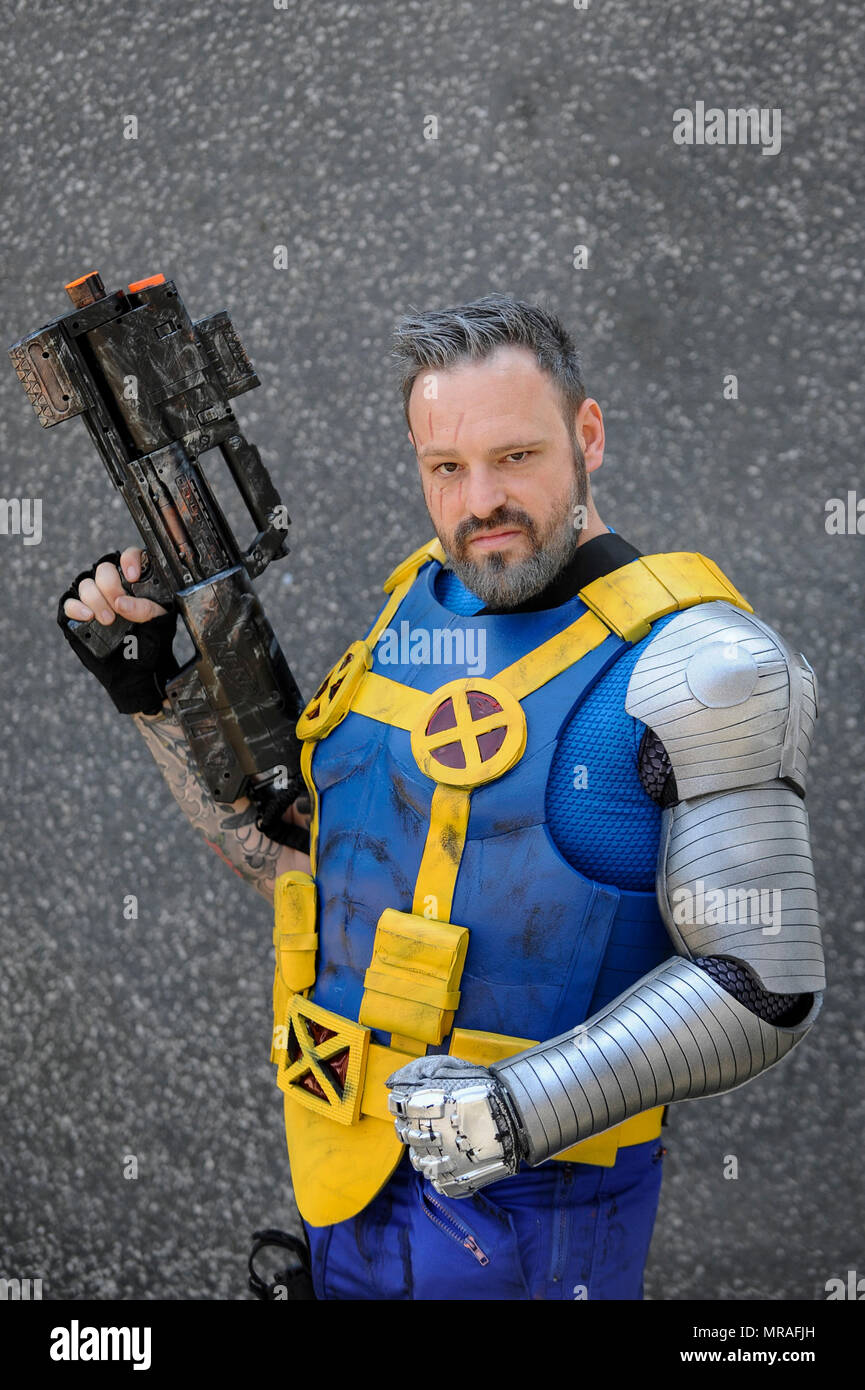 London, UK. 26 May 2018. A man dressed as Cable from X-Men joins ...