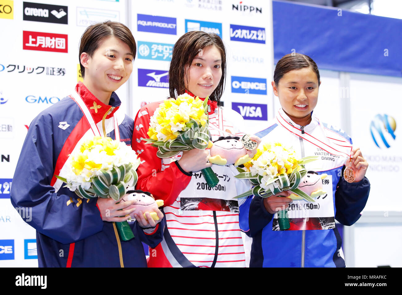 Tokyo, Japan. 25th May, 2018. (L to R) ?/Yuki Takasaki, Reona Aoki ...