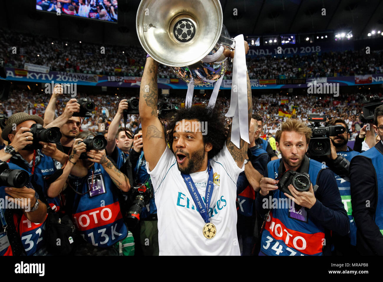 Kiev, Ukraine. 26th May, 2018. Marcelo of Real Madrid celebrates with ...