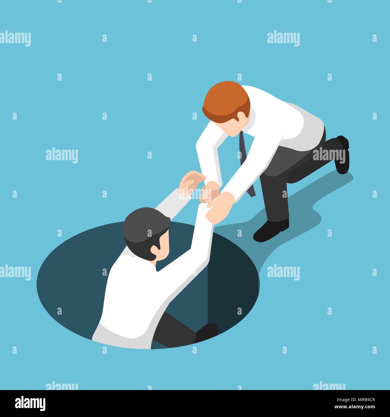Flat 3d isometric businessman help his friend climb up from the hole ...
