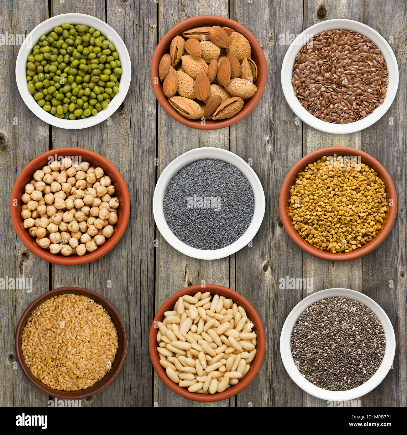 Large seed super food selection in bowls on a wooden background Stock ...